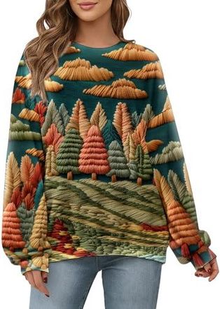 Generic Sweats de vacances pour femmes - Sapin de No&euml;l | Sweat-shirt graphique &agrave; manches longues et col rond | pour le voyage, Broderie de No&euml;l, 5XL