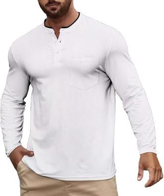 Generic T-shirt d&eacute;contract&eacute; &agrave; manches longues pour homme - Col Henley - L&eacute;ger et respirant - Pour printemps et automne - Confortable - Avec poche, blanc, 3XL