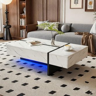 Generic Moderner wei&szlig;er Couchtisch mit LED-Beleuchtung und Marmormuster, Hochglanz Tischplatte im unregelm&auml;&szlig;igen Design, 105x60x35cm, auch als Sideboard f&uuml;r d