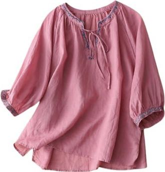 Generic Chemisier Coton et Lin Manches Courtes pour Femme Blouses Ample Col Rond Tunique D&eacute;t&eacute; Boh&egrave;me Folklore Vintage Broderie Top Hauts L&acirc;che Respirant T-Shi