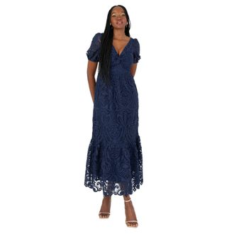 Maya Damen Womens Midi Ladies V-Neck Short Puff Sleeves Twist Front Lace Tiered Bottom Hemline A-line Wedding Guest Occasion Dress, Navy Blue, 48 EU