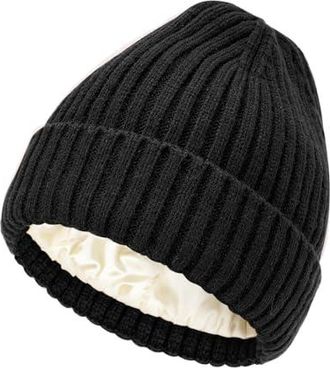 Dreshow Bonnet dhiver pour Femmes Hommes Bonnet Doubl&eacute; Satin Doux et Chaud Beanie Hiver avec Doublure Soyeuse Tricot&eacute; Chapeau Unisexe