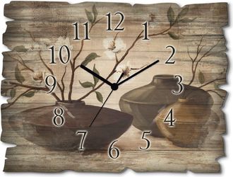 Artland Wanddeko Wanduhr ohne Tickgeräusche aus Holz Quarz Uhr lautlos Rechteckig 40x30 cm Stillleben Vasen Töpfe Pflanzen AST Kirschblüten Japan Vintage A3NP