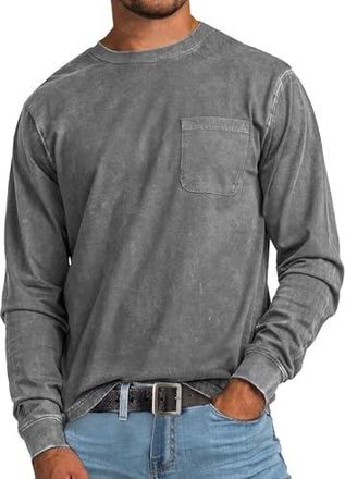 Generic T-shirt pour homme, coupe ample, manches longues, col rond, pull basique vieilli, confortable, d&eacute;contract&eacute;, &agrave; porter avec poche, t-shirts athl&eacute;tiques,