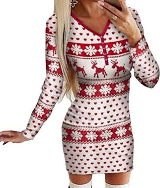 Onsoyours Noël Robe Femme Party Manches Longues Col Rond Imprimé Neige Mini Robes Retro Automne Hiver Bodycon Sexy Pull Robe de Fête H Rouge Blanc XS