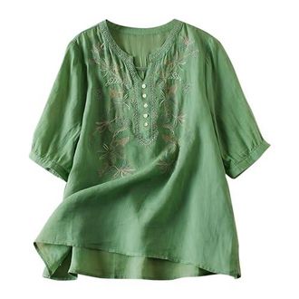 Generic Chemises en lin pour femme - Broderie britannique - Manches 3/4 - Col en V - Manches courtes - D&eacute;contract&eacute; - Tendance - Chemisier boh&egrave;me, Vert, XXL