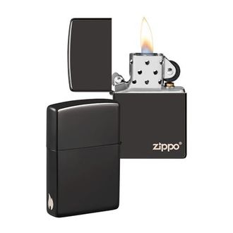 Zippo Sturmfeuerzeug - Logo Design - High Polish Black mit Lasergravur - Nachf&uuml;llbar - Wiederverwendbar - Windfestes Design - Geschenkbox - Made in USA