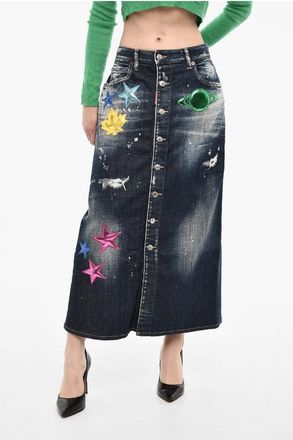 Dsquared2 Denim Maxi Skirt With Metallic Leather Patches size 38