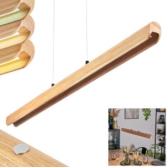 HOFSTEIN LED Pendelleuchte Fugelsta, dimmbare Pendellampe aus Metall/Holz/Kunststoff in Schwarz/Natur/Weiß, Hängeleuchte Retro mit Holzbalken und Touchdimmer, 