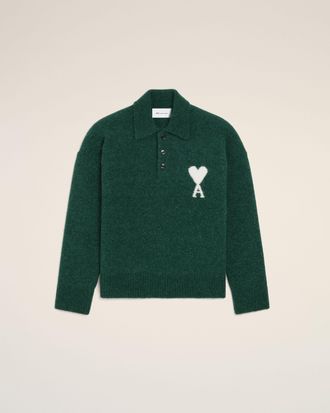 Ami Polo vert en alpaga Ami de Coeur Vert Bouteille & ecru - XXL - Unisex