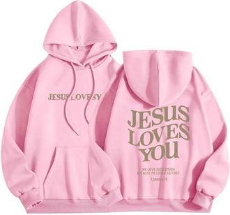 Generic HUIFUAO Sweat à capuche surdimensionné à manches longues avec cordon de serrage et inscription « Jesus Loves You » pour femme, rose, M