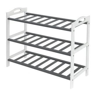 Relaxdays Schuhregal, HxBxT: 48 x 70 x 25 cm, Bambus, 3 Ebenen, f&uuml;r 9 Paar Schuhe, Schuhst&auml;nder Gitterablagen, grau/wei&szlig;