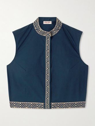 Emporio Sirenuse Haut Raccourci En Popeline De Coton M&eacute;lang&eacute; &Agrave; Broderies Andorra Iris - Bleu