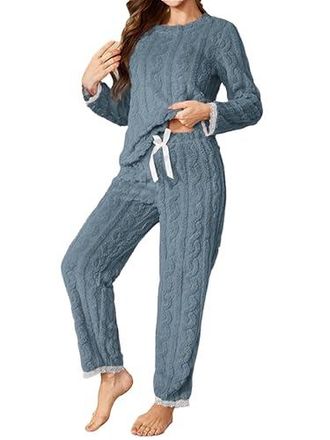 Generic Pyjama Femme Deux pièces Chaud, Ensemble Nuit épais col Rond, Tenue détente Hiver, Coupe Ample, vêtements de Nuit Solides