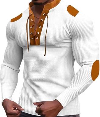 Generic T-shirt &agrave; manches longues et col en V pour homme, chemise gaufr&eacute;e &agrave; lacets, T-shirts l&eacute;gers et respirants &agrave; manches longues, hauts confortables pour l