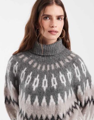 Object pull col roul&eacute; en maille jacquard Fair Isle gris multicolore