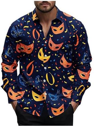 Generic Costume de carnaval pour homme - Chemise &agrave; manches longues - Chemise d&eacute;t&eacute; d&eacute;contract&eacute;e - Imprim&eacute; masque - Chemise &agrave; manches longues - Respirant - L&eacute;g&egrave;