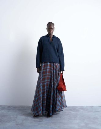 Topshop Karierter Maxi-Tellerrock in Blau