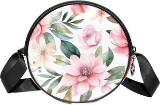 Generic Petit sac &agrave; bandouli&egrave;re circulaire pour femme, motif feuilles florales, sac &agrave; dos avec fermeture &eacute;clair, bretelles r&eacute;glables, sac &agrave; main rond d&eacute;contra