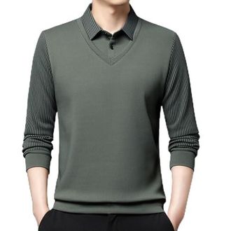 Generic Chemise en tricot &agrave; manches longues pour homme avec revers ray&eacute;, Vert, 3XL
