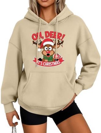 Generic Sweat &agrave; capuche imprim&eacute; graphique pour femme, motif &eacute;lan surdimensionn&eacute;, chandail &agrave; capuche, v&ecirc;tements dautomne et dhiver, pour voyage, Couleur cr&egrave;me.