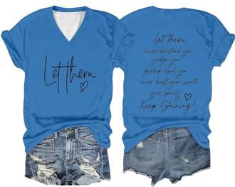 Generic T-shirt pour femme avec motif inspirant et col en V, d&eacute;contract&eacute;, manches courtes, bleu, XXL