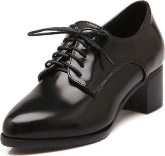 Generic Chaussures Oxford Grande Taille Femme Bout Pointu Talon Moyen Bloc À Lacets pour Travail Quotidien & Tenues Printemps Automne Cuir PU Doublure Douce,N