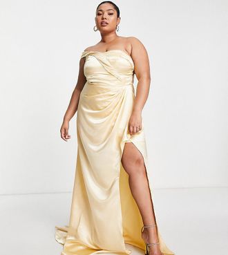 Yaura Fashion Robe asym&eacute;trique longue et drap&eacute;e en satin - Champagne dor&eacute;