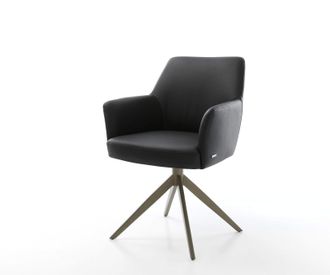 DELIFE Drehstuhl Xana-Flex mit Armlehnen Echt-Leder Schwarz Kreuzgestell breit Effektfinish Titan 360&deg; drehbar Wippfunktion Taschenfederkern, Esszimmerst&uuml;hle