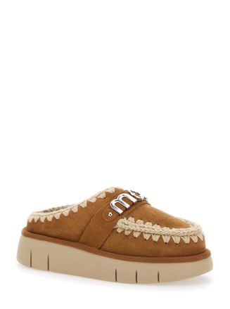 Mou Womens Mules Beige With Logo Lettering Brown Sheep