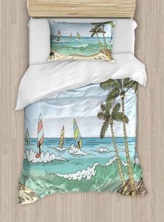 Abakuhaus Grafik-Strand Bettbezug Set f&uuml;r Einzelbetten, Windsurfen Sketch, Milbensicher Allergiker geeignet mit Kissenbezug, 130 x 200 cm - 70 x 50 cm, Mehrfarb