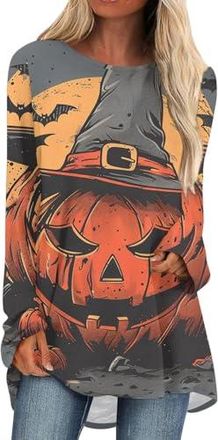 Generic HUIFUAO T-shirts dHalloween pour femme - Citrouille effrayante - Fantôme - Hauts dHalloween pour femmes - Manches longues - Grande taille - T-shirts p