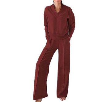 Generic Ensemble de v&ecirc;tements dint&eacute;rieur pour femmes &agrave; manches longues et col rond en tricot c&ocirc;tel&eacute; avec haut &agrave; jambes larges, v&ecirc;tements de d&eacute;tente amples pou
