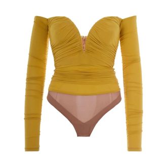 Elisabetta Franchi Femme, Tops, Jaune, Taille: 38 FR Body drap&eacute; &eacute;paules d&eacute;nud&eacute;es