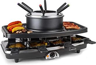Klarstein Klarstein Appareil a Raclette et Fondue 3-en-1, Machine avec Pierrade de 1100W, Gril en Pierre, pour 8 Personnes, Poelon, Fourchettes, Service