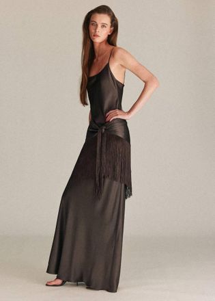 Mango Robe satin&eacute;e bandana &agrave; franges chocolat - Femme - XS - MANGO