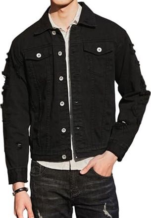 Generic Veste en jean pour homme, coupe ajust&eacute;e, d&eacute;chir&eacute;, veste en jean vieilli, style urbain d&eacute;contract&eacute;, v&ecirc;tements dext&eacute;rieur, Noir, 4XL