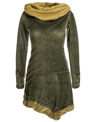 vishes Alternative Bekleidung - Asymmetrisches Patchwork Samtkleid Langarm Gro&szlig;er Schalkragen Olive 40-42