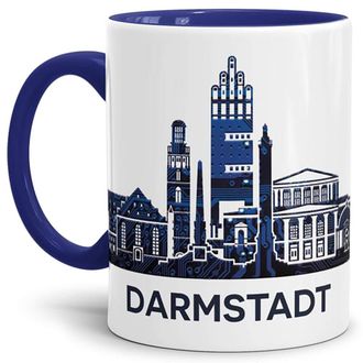 Tassendruck Darmstadt-Tasse Skyline - Kaffeetasse/Silhouette/Souvenir/St&auml;dte-Tasse/Becher/Cup/Mug/Beste Qualit&auml;t - 25 Jahre Erfahrung - Innen & Henkel Dunkelblau