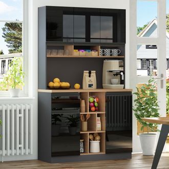 Generic HUQIQWE K&uuml;chenschrank Schwarz und Buffetschrank 105x45x185 cm sowie K&uuml;chenschrank mit arbeitsplatte mit Hochglanzt&uuml;ren und Metallgriffen f&uuml;r K&uuml;che Ess