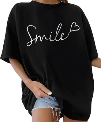 Heekpek Lonya Tee Shirt Femme Grande Taille Manches Courtes D&eacute;t&eacute; Coton Lettre Imprim&eacute;e Tops El&eacute;gant D&eacute;contract&eacute;s Chemisiers Oversize Tshirts Smile-Noir,XXL