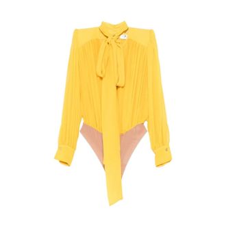Elisabetta Franchi Femme, Tops, Jaune, Taille: 38 FR Body en Georgette de Soie avec Ceinture