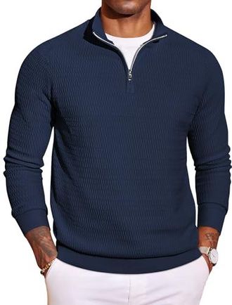 Coofandy Pull à Manches Longues Zippé pour Homme Pull Décontracté dhiver Bleu Foncé L