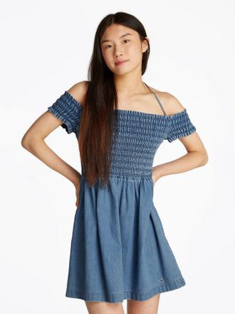 Tommy Jeans Midikleid TJW CHAMBRAY FIT & FLARE DRESS mit Bindeband, in blauer Waschung