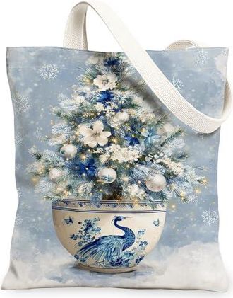 Generic Sac fourre-tout en toile motif arbre de No&euml;l, motif floral, sacs d&eacute;picerie, sacs d&eacute;picerie r&eacute;utilisables, vintage, lavable, toile pour voyage, pique-n
