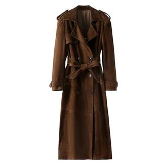 Generic Veste en daim v&eacute;ritable marron pour femme - Automne Hiver Peau dagneau Double Boutonnage Ceinture Revers Crant&eacute; Trench Coat Long, marron, S