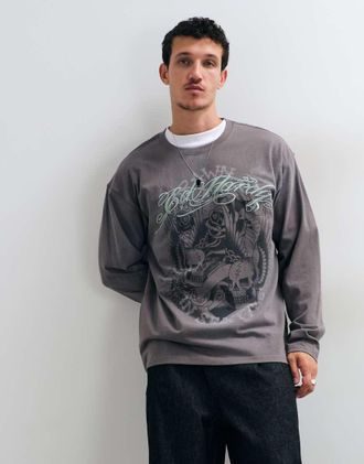 Ed Hardy Flying Skills t-shirt manches longues d&eacute;contract&eacute; gris