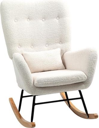 Furniture R Schaukelstuhl, Schaukelsessel mit Armlehne, Teddystoff-Optik, Stillsessel mit Holzkufen, Lendenkissen, Relaxsessel Schwingsessel für Wohnzimmer, Schla