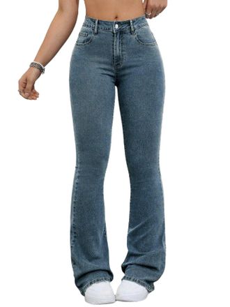 SOLY HUX Damen Jeans Hosen Flared Jeans Jeanshose Hohe Taille Denim Hose Schlaghose Denimhose Bootcut Jeanspants Streatwear Blau L