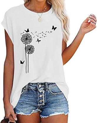 Generic Chemise de printemps d&eacute;contract&eacute;e sans manches pour femme 2025 avec col en V motif pissenlit d&eacute;t&eacute; pour sortir, d&eacute;bardeur tendance, manches courtes, gr